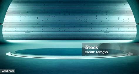 빈 어두운 바닥 및 파란색 벽 배경이 현대 쇼 룸의 추상 인테리어 디자인 제품에 대 한 연단 표시 미래에 건축 또는 우주선그런 지 무대 3d 그림 배경 주제에 대한 스톡