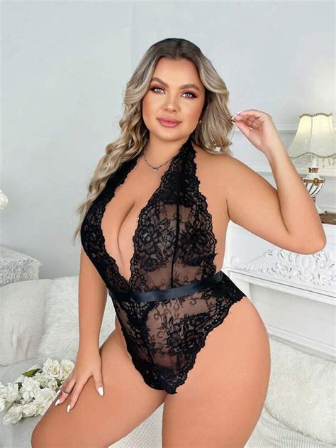 Plus Floral Lace Plunging Teddy Bodysuit Shein Usa