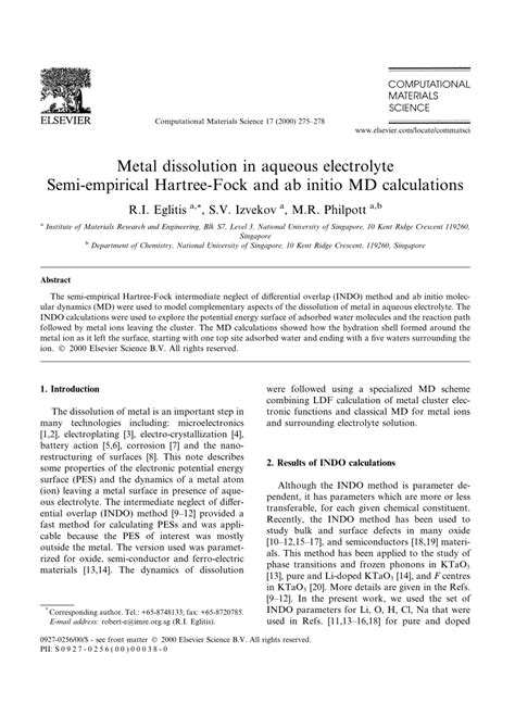 Pdf Metal Dissolution In Aqueous Electrolyte Semi Empirical Hartree