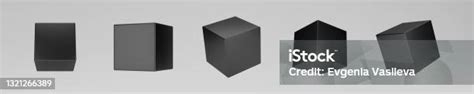 회색 배경에 격리된 원근으로 설정된 검은색 3d 모델링 큐브 조명과 그림자로 회전하는 3d 상자를 원근면에서 렌더링합니다 3d 기본 기하학적 모양 벡터 일러스트레이션 입체