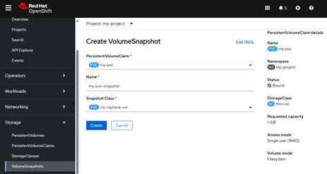 or in the openshift console at storage volumesnapshots create