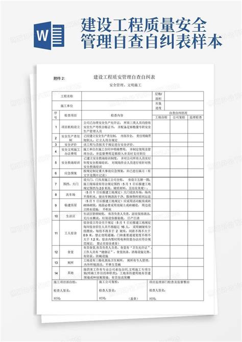 建设工程质量安全管理自查自纠表样本Word模板下载 编号lbrdrrwj 熊猫办公