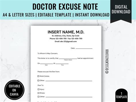 Editable Doctor Excuse Note Template For Work Customizable Printable
