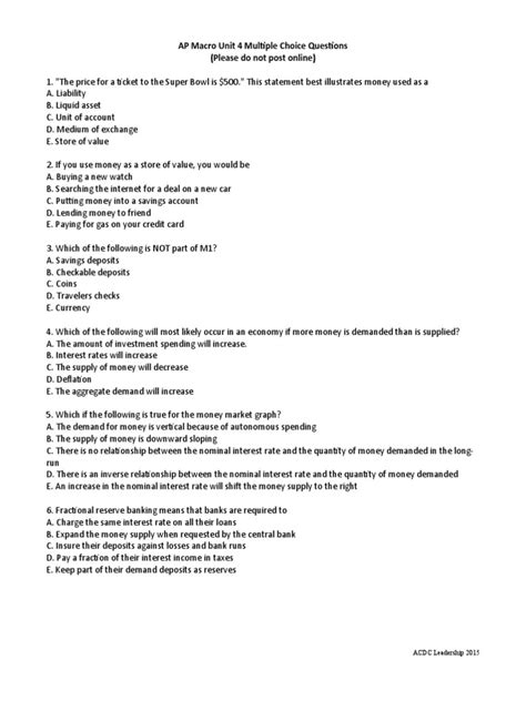 Ap Macro Unit 4 Multiple Choice Questions Pdf Money Supply Interest Rates