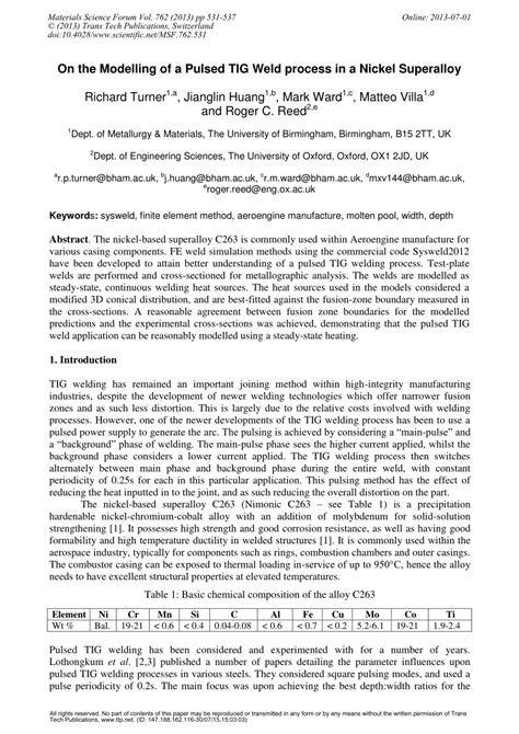Pdf On The Modelling Of A Pulsed Tig Weld Process In A Nickel Superalloy
