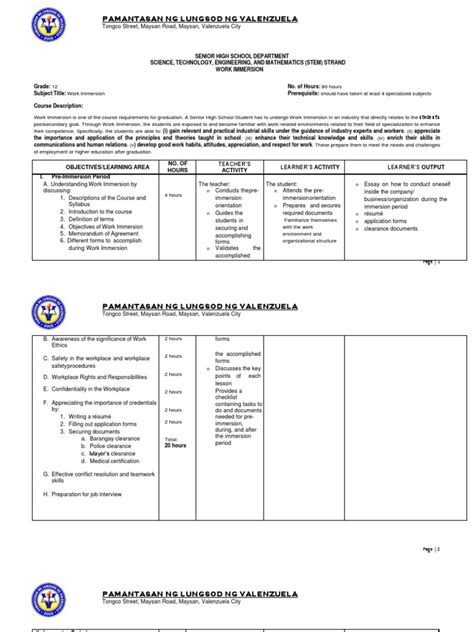 Stem Work Immersion Syllabus Download Free Pdf Science Technology