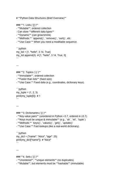 Python Data Structures Brief Overview Pdf Computer Programming