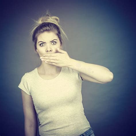 Woman Covering Her Mouth With Hand Stock Image Image Of Amazed Gasping 139925413
