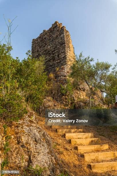 나무로 된 계단은 나무와 초목으로 둘러싸인 맑은 하늘을 배경으로 탑의 석조 폐허를 향해 바위가 많은 언덕을 올라갑니다 건축에 대한 스톡 사진 및 기타 이미지 Istock