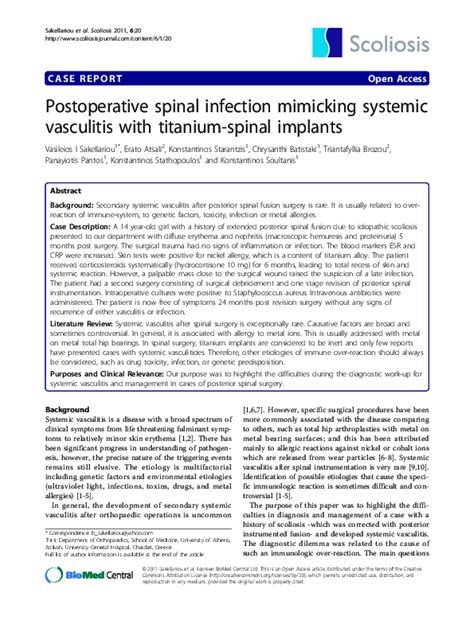 Pdf Postoperative Spinal Infection Mimicking Systemic Vasculitis With Titanium Spinal Implants