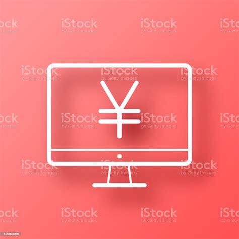 엔 기호가 있는 데스크톱 컴퓨터 그림자가 있는 빨간색 배경의 아이콘 0명에 대한 스톡 벡터 아트 및 기타 이미지 0명 3