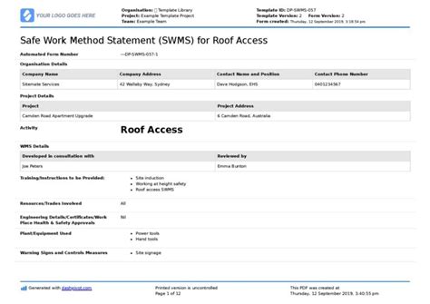 Roof Access Safe Work Method Statement Swms