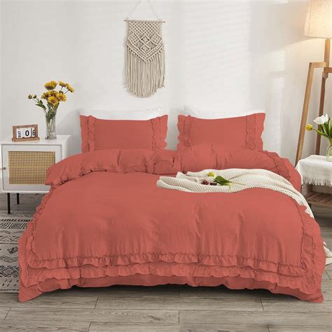 Dng Creations 1 Piece Double Ruffle Duvet Cover With Zipper Closure Solid Brick Red All