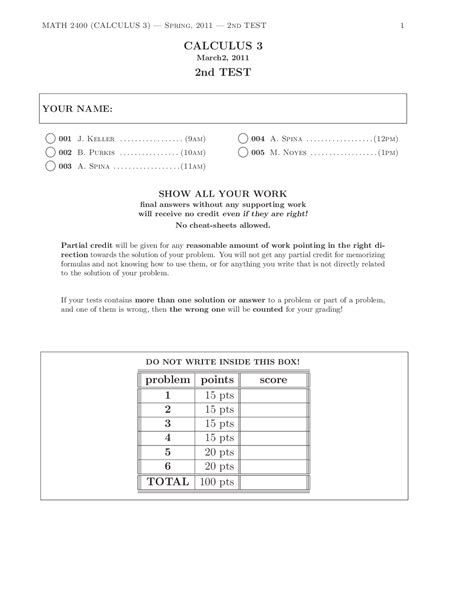 Second Test On Calculus 3 Fall 2011 Math 2400 Docsity