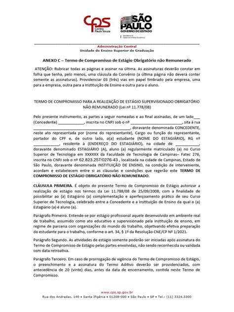 Anexo C Termo De Compromisso De Estágio Obrigatório Não Remunerado Com