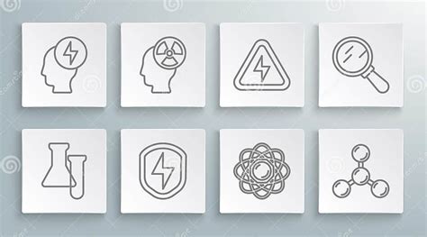 Set Line Test Tube And Flask Head Radiation Symbol Secure Shield With Lightning Atom