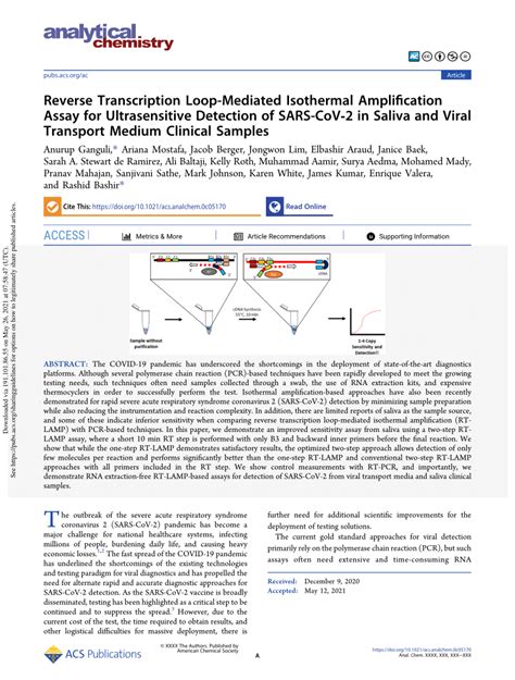 Pdf Reverse Transcription Loop Mediated Isothermal Amplification Assay For Ultrasensitive