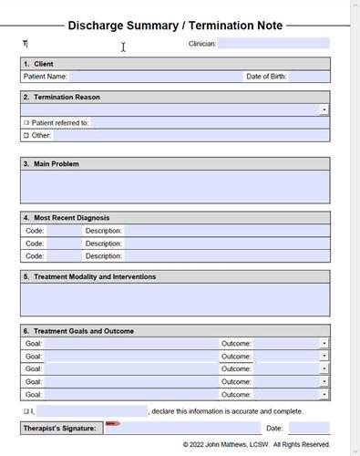 Discharge Summary Template Termination Note For Therapists PDF Fillable