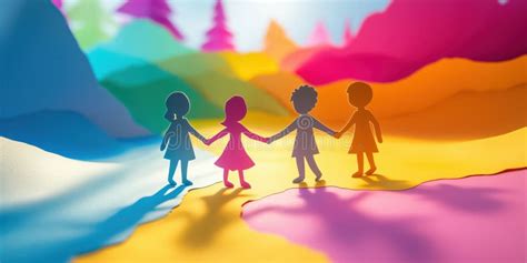 Colorful Paper Cutout Figures Holding Hands In Vibrant Landscape Symbolizing Friendship And