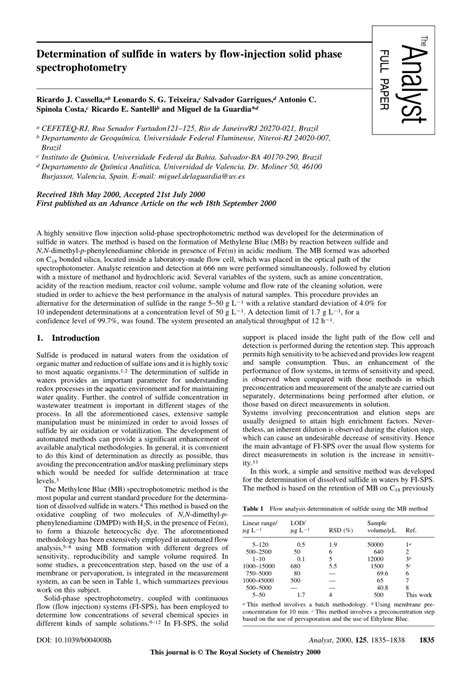 Pdf Determination Of Sulfide In Waters By Flow Injection Solid Phase Spectrophotometry