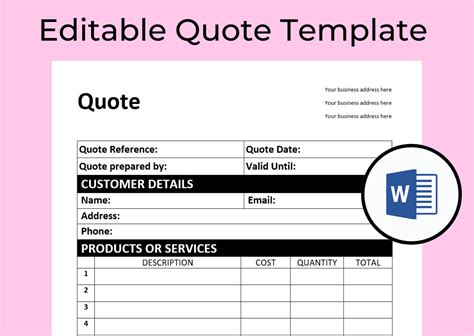 Editable Quotation Template Editable Quote Template Editable And Printable From Word Etsy