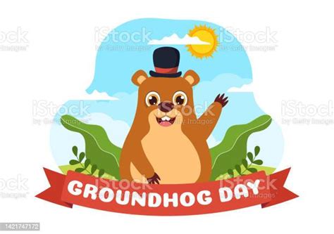 2 월 2 일 귀여운 Marmot 캐릭터와 정원 배경 템플릿 손으로 그린 만화 플랫 일러스트레이션과 함께 해피 그라운드 호그 데이 2월에 대한 스톡 벡터 아트 및 기타