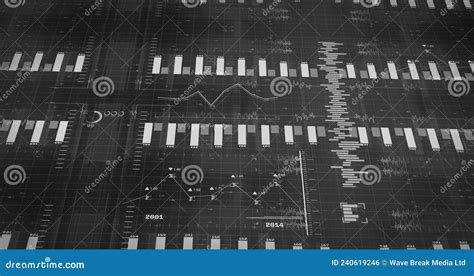 Image Of Diagrams With Numbers And Data Processing On Black Background