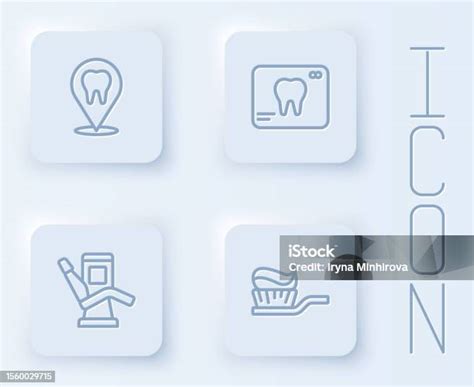 세트 라인 치과 진료소 위치 치아의 엑스레이 의료용 치과 의자 및 치약이 든 칫솔 흰색 사각형 버튼입니다 벡터 X 레이에 대한 스톡 벡터 아트 및 기타 이미지 Istock