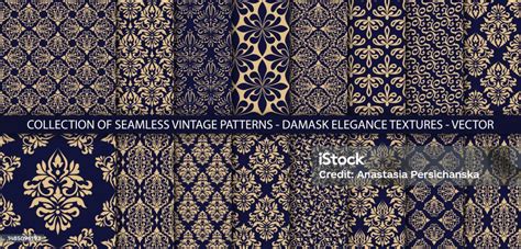 화려한 벡터 Ornamenal 패턴의 집합입니다 빈티지 클래식 배경 컬렉션입니다 금색과 진한 파란색의 16가지 다마스크 텍스처