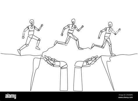 Single Continuous Line Drawing Three Robots Running Through A Cliff That Has Hole In The Middle