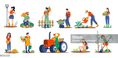 원예 사람들 정원 꽃을 심는 사람들 농업 정원사 취미 및 정원 직업 남자 여자 정원사 급수 식물 트리밍 식물 플랫 벡터 농업에 대한 스톡 벡터 아트 및 기타 이미지 Istock