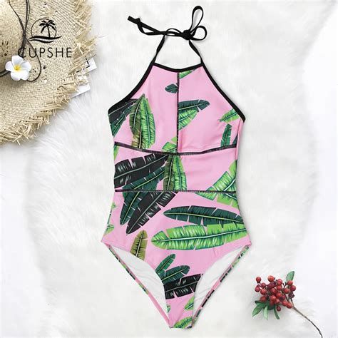 Cupshe Tropical Pink Banana Leaf Halter One Piece Swimsuit Women Cutout