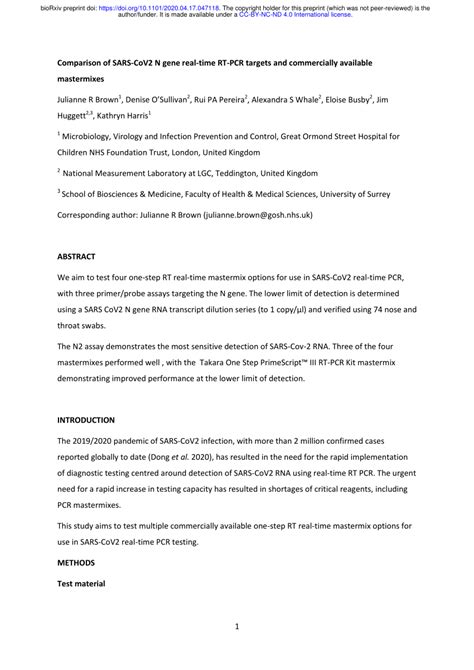 Pdf Comparison Of Sars Cov2 N Gene Real Time Rt Pcr Targets And Commercially Available Mastermixes