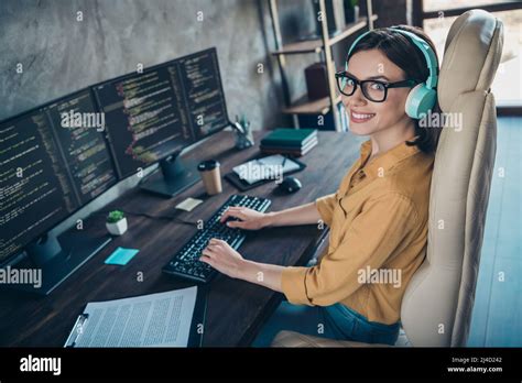 Profile Side View Portrait Of Attractive Cheery Skilled Girl Editing Data Software Web Issue