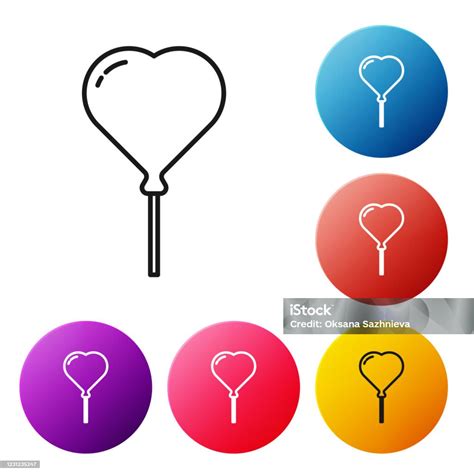 흰색 배경에 분리 된 리본 아이콘과 마음의 형태로 검은 선 풍선 발렌타인 아이콘 다채로운 원 버튼을 설정합니다 벡터 고무에 대한 스톡 벡터 아트 및 기타 이미지 Istock