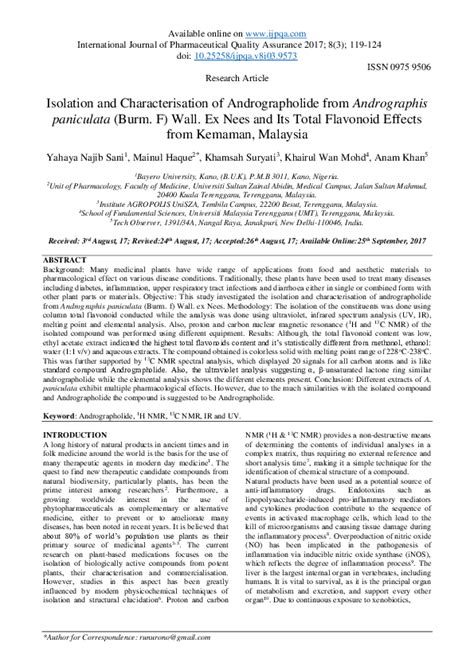 Pdf Isolation And Characterisation Of Andrographolide From Andrographis Paniculata Burm F