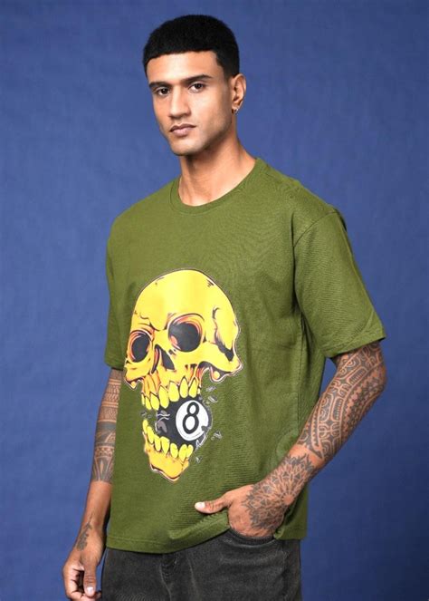 Army Green 8 Ball Dtf Printed Drop Shoulder T Shirt