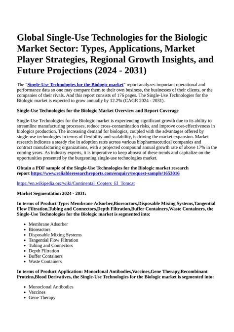 Reportprime Global Single Use Technologies For The Biologic Market Sector Types Applications