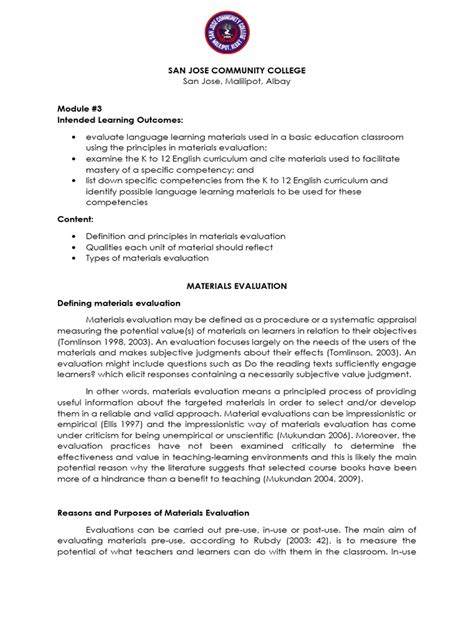 Materials Evaluation Pdf Evaluation Learning