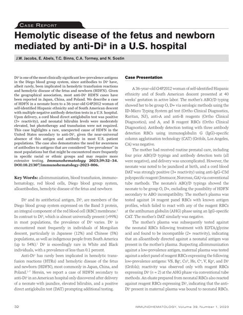 Pdf Hemolytic Disease Of The Fetus And Newborn Mediated By Anti Dia In A U S Hospital