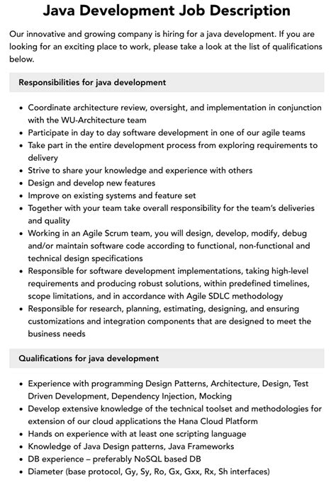 Java Development Job Description Velvet Jobs