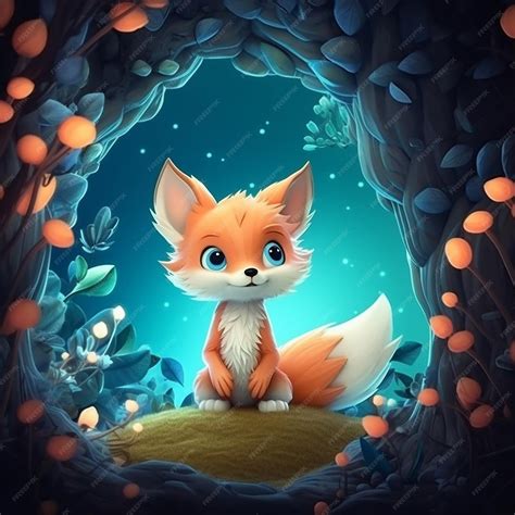 Premium Ai Image Cute Small Fox Sitting In Magic Forest In Night Flowers And Lights At