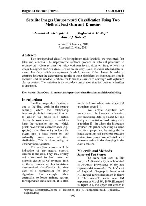 pdf satellite images unsupervised classification using two methods fast otsu and k means