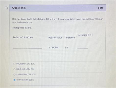 solved resistor color code calculations fill in the color