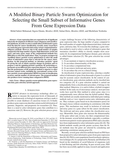 Pdf A Modified Binary Particle Swarm Optimization For Selecting The