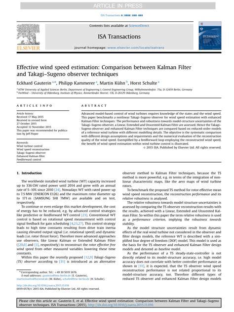 Pdf Effective Wind Speed Estimation Comparison Between Kalman Filter