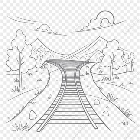 시골 풍경 위의 철로 색칠하기 페이지 개요 스케치 드로잉 벡터식물학폰트 Png 일러스트 무료 다운로드 Lovepik
