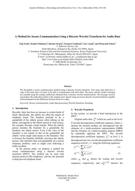 Pdf A Method For Secure Communication Using A Discrete Wavelet Transform For Audio Data