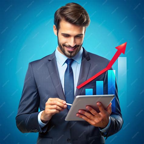 Businessman Using Tablet Analyzing Sales Data And Business Growth Graph Chart With Red Arrow Up