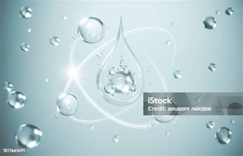 화장품 모이스처라이저 물 분자 화장품 에센스 액체 거품 물 배경에 액체 거품 내부 분자 3d 렌더링 구에 대한 스톡 사진 및